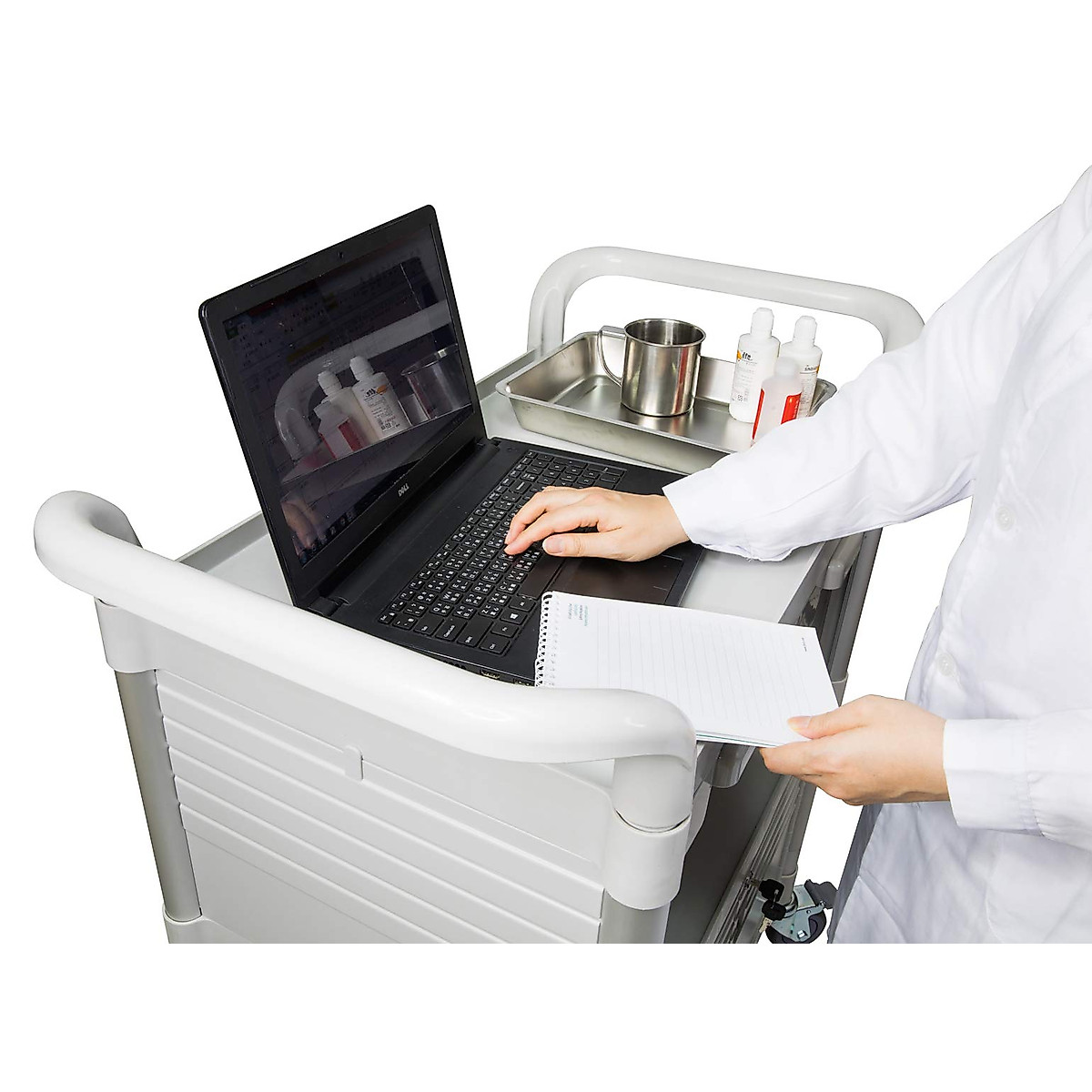 JaboEquip, Larger 3 Shelf Heavy Duty Lockable Hospital cart Medical cart, Utility Cart 606 lbs for Medical, L34.43xD19.69xH40.55 inch, Off-White (Light Grey) Color