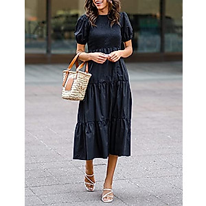 ZESICA Women's 2023 Casual Summer Crew Neck Short Puff Sleeve Smocked High Waist Ruffle Tiered A Line Midi Dress,Black,Medium