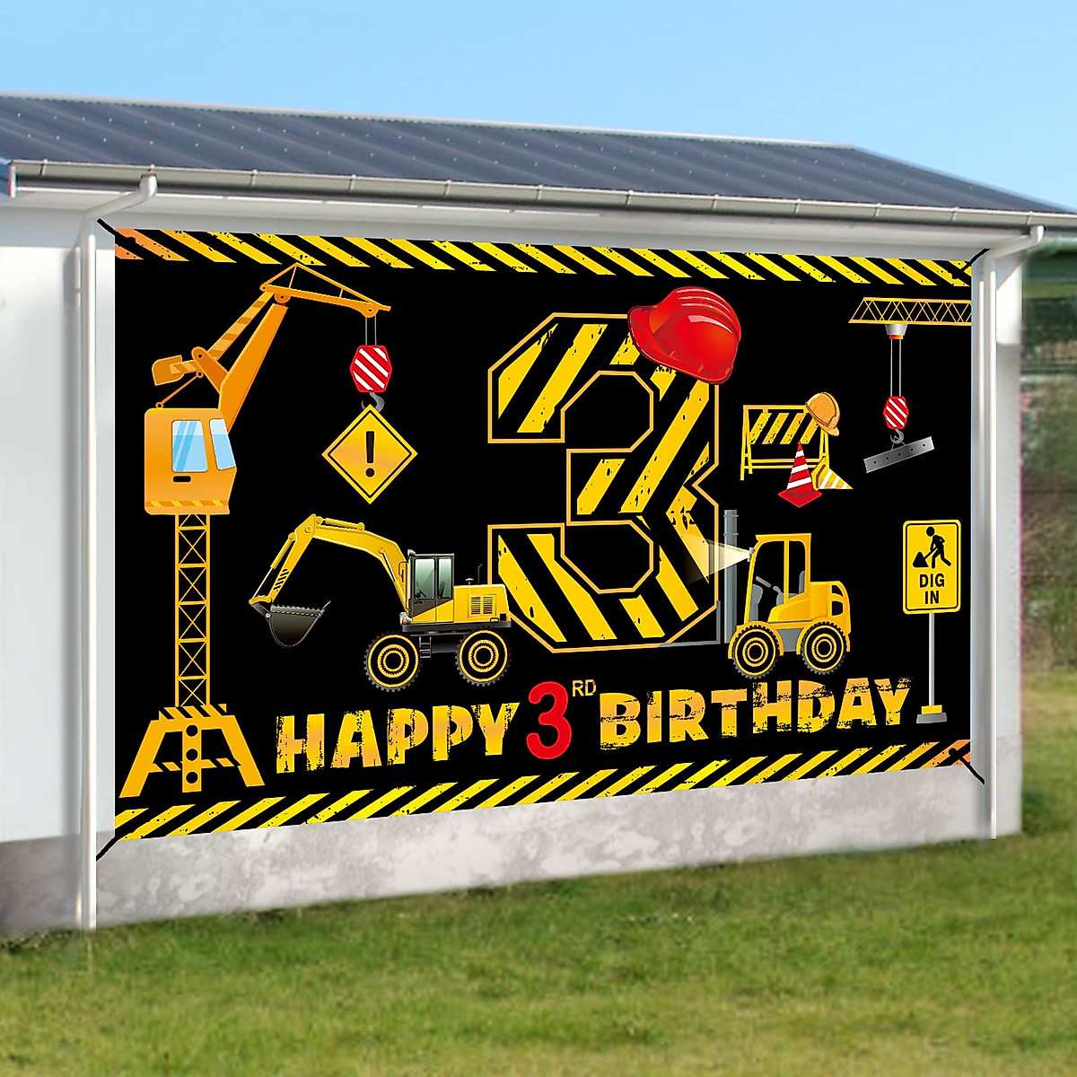 Construction 3rd Birthday Banner Decorations for Boys Kids, Dump Truck Construction Theme Three Birthday Backdrop Party Supplies, Excavator Crane Digger Three Year Old Poster Sign