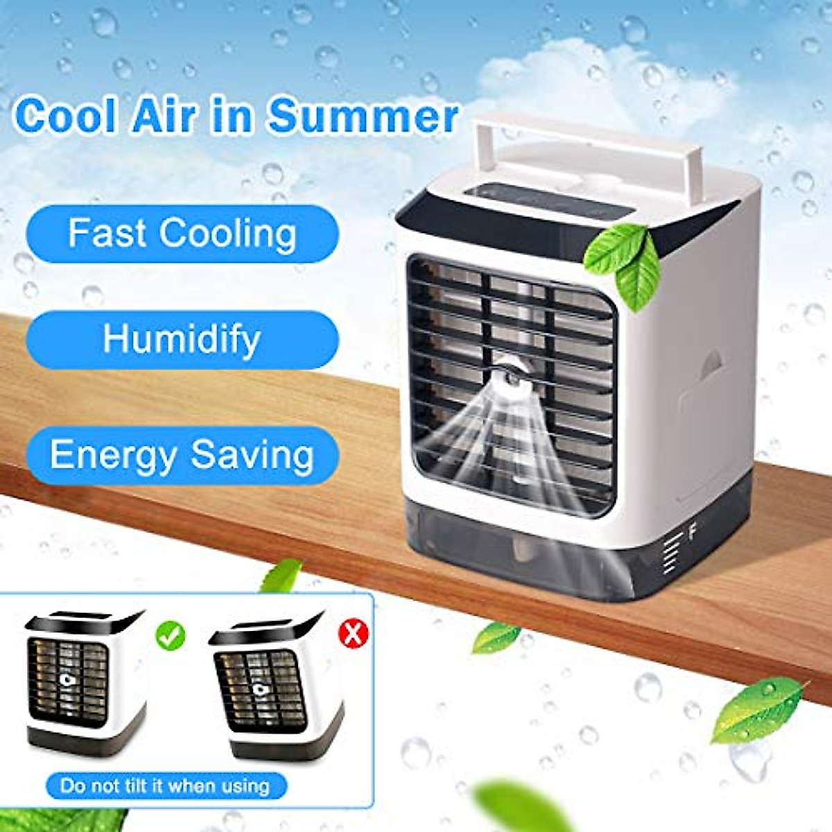 Portable Air Conditioner Fan, NEWXLT Evaporative Cooler Personal Humidifier Mini Desktop Cooling Fan USB Operated 7 Colors LED Light 3 Wind Speed Levels for Home Office Indoor Outdoor Use