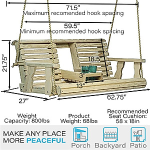 Porchgate Amish Heavy Duty 800 Lb Rollback Console Treated Porch Swing with Hanging Ropes (Unfinished)