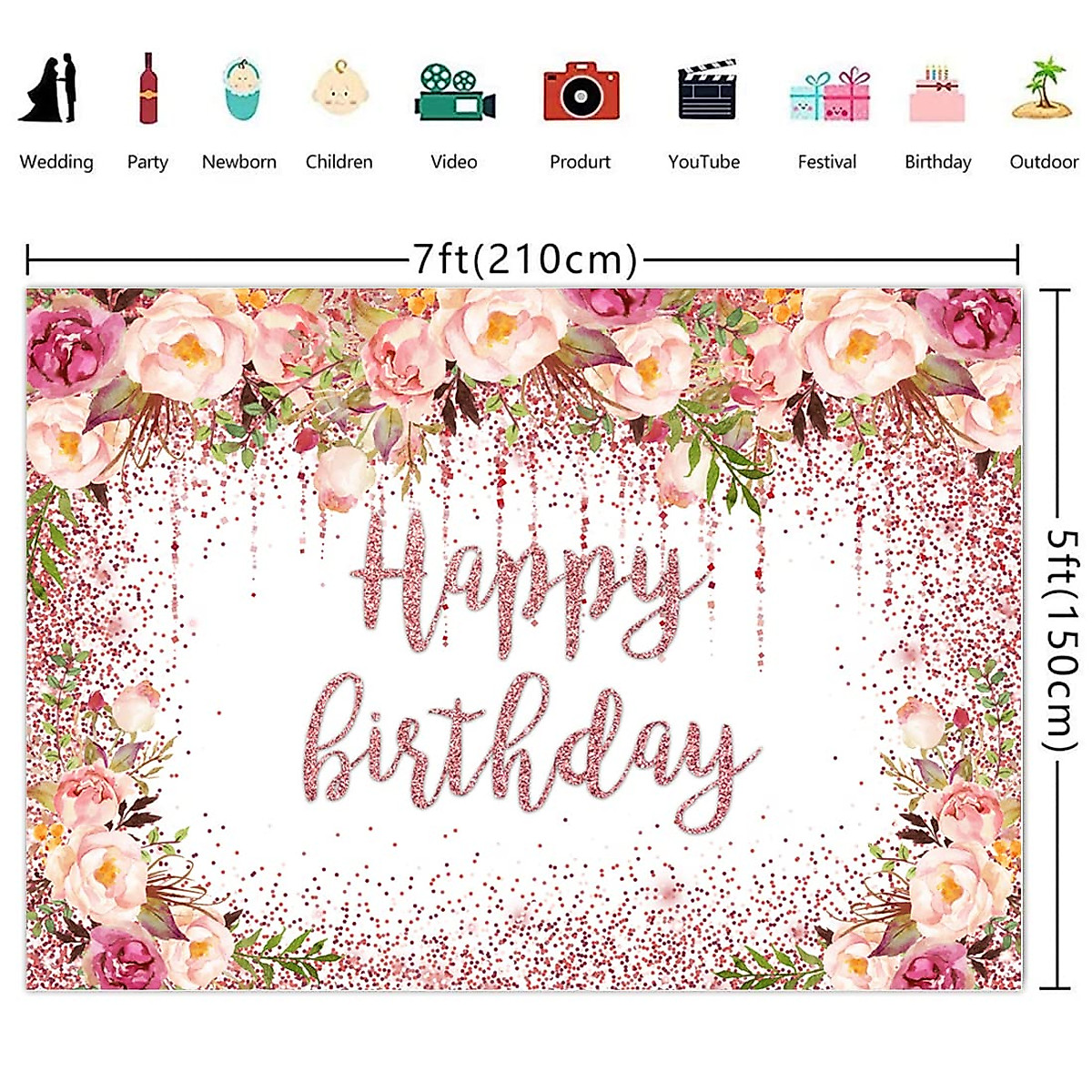 Wollmix Happy Birthday Banner Backdrop Decorations 7x5ft Party Sweet 16 Girls Women Pink Florals Glitter Rose Gold Dots Photography Background Supplies Photo Booth Studio Cake Table