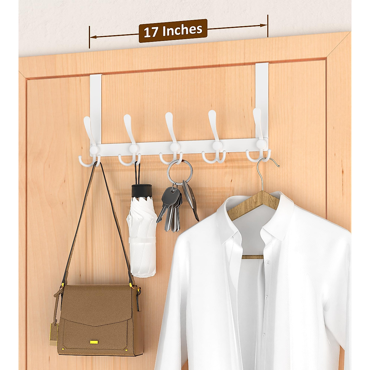 CHAUNCEY HOME Over The Door Hooks Hanger with Extended Arms for Easy Access by Women - Bathroom Accessories and Towel Rack Organizer Holder for Living Room Bedroom Hanging - 1 Pack, White