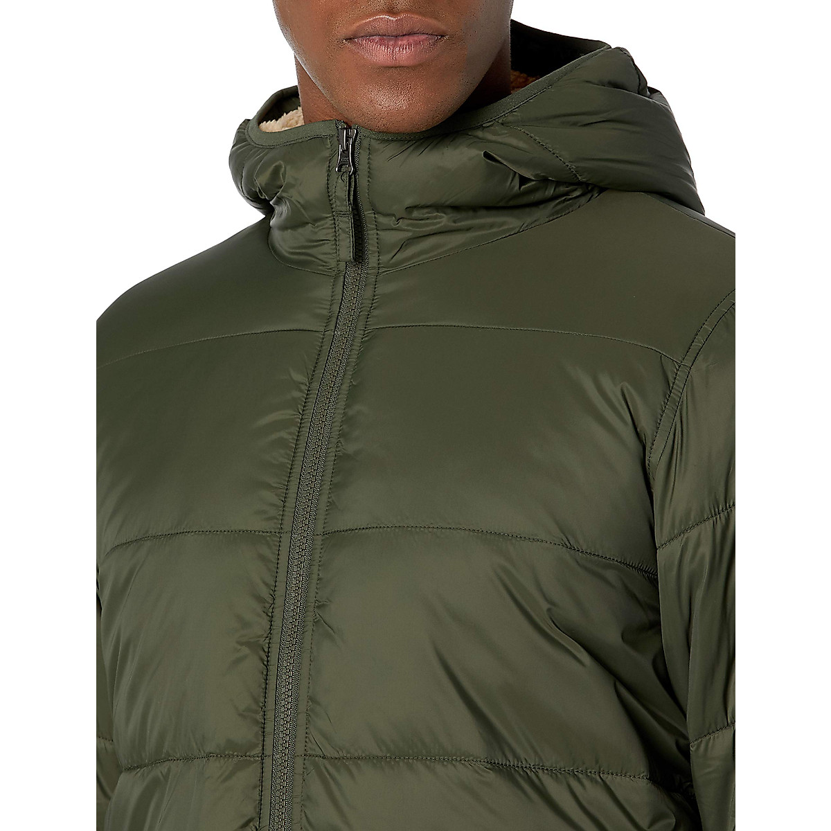 Amazon Essentials Men's Long-Sleeve Water-Resistant Sherpa-Lined Puffer Jacket, Dark Olive, Medium