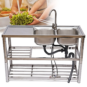 Commercial Kitchen Utility Sink with Prep Table, Free Standing Stainless Steel Double Bowl Kitchen Sink Set with Faucet and Drainboard Indoor Outdoor Rectangular Catering Sink 47.24x31.88x17.71inch