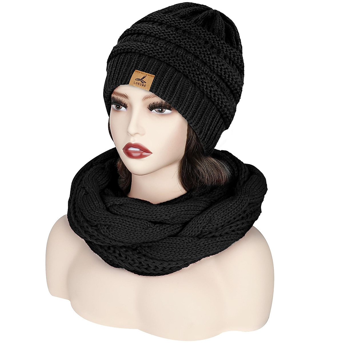 Winter Beanie Hat Scarf Gloves, Warm Fleece Knit Winter Hats Touch Screen Gloves Neck Scarf Set Winter Gifts for Unisex Adult Black