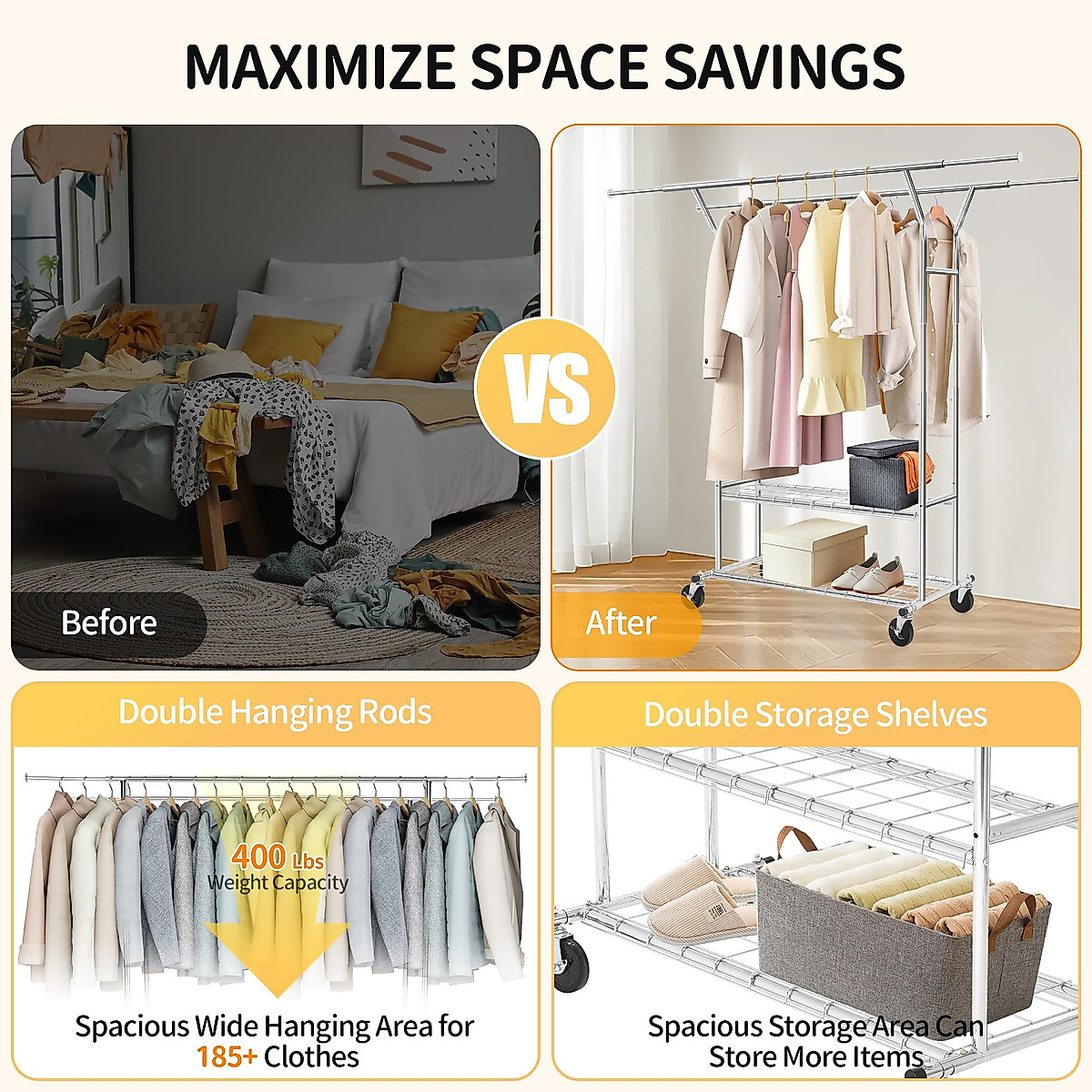 Rengue Double Clothing Garment Rack Heavy Clothes Duty Rolling Clothing Racks for Hanging Clothes Load 650lbs Portable Clothes Rack with Wheels Collapsible Commercial Garment Rack with 2 Storage Racks