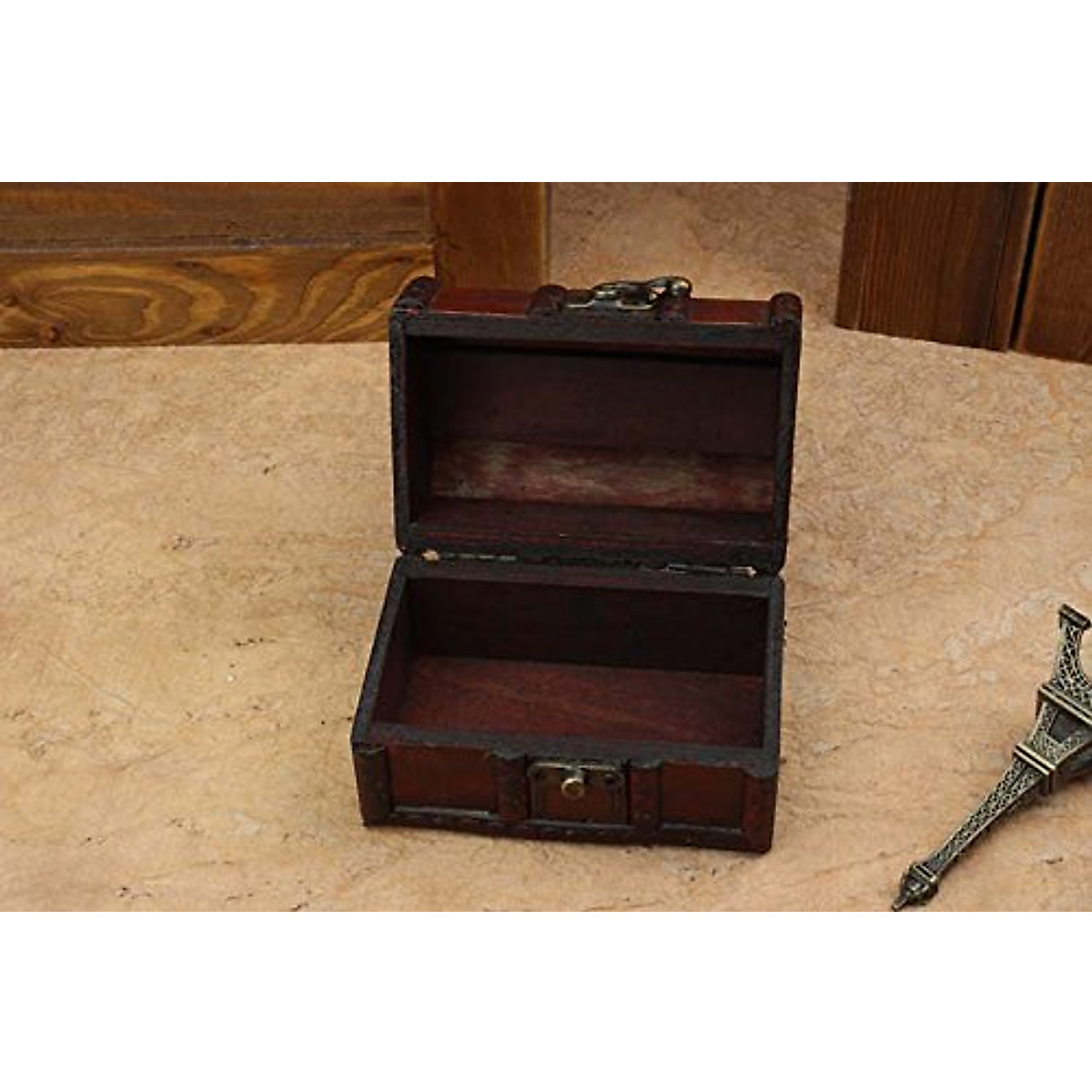 Coolrunner 2pcs Antique Vintage Wooden Box Stamp Flower Small Metal Lock Jewelry Treasure Chest Handmade Retro Wood Organizer Case Box (2 pcs)