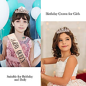 Birthday Queen Sash & Crystal Tiara Kit, Didder Rhinestones Crown Glitter Birthday Sash Birthday Crowns for Women Girls Birthday Tiaras for Women Hair Accessories for Prom Party Gift (Rose Gold)