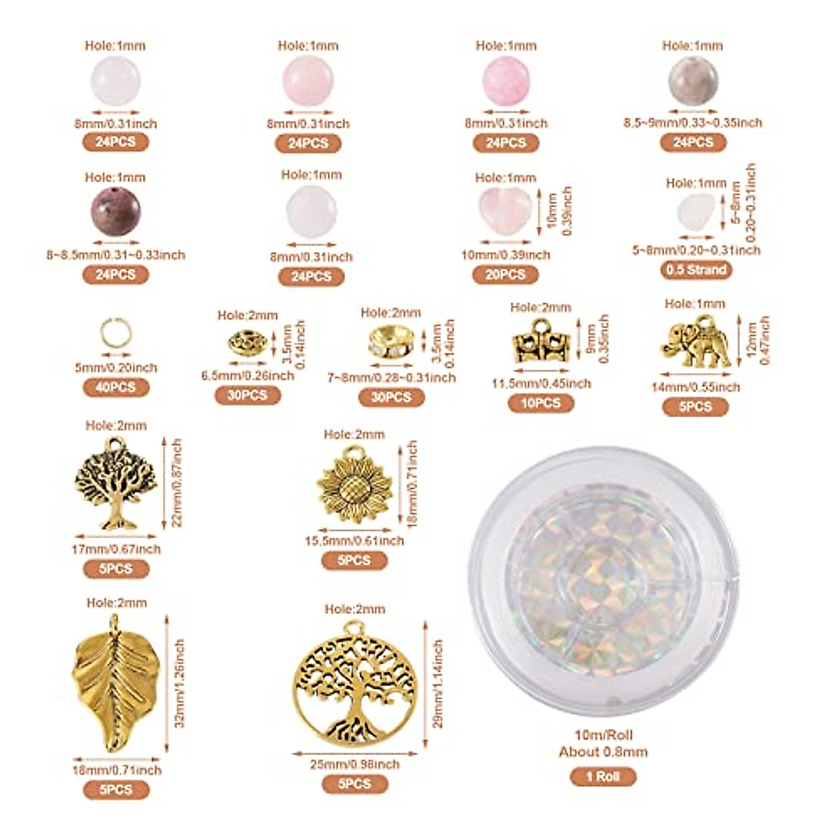 Cheriswelry Box of 8mm Gemstone Beads Bracelet Making Kit with Natural Mixed Stone Beads Rhinestone Spacer Beads Alloy Pendants Elastic Thread Jump Ring for Jewelry Making Crafts (254Pcs/Box)