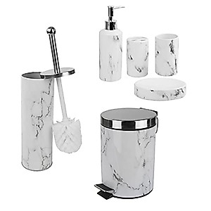 Home Basics Marble Ceramic 4 Piece Bath Accessory Set, White | Faux Marble Toilet Brush Set, White | Faux Marble 3 Liter Waste Bin, White