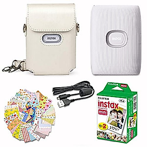 Fujifilm Instax Mini Link 2 Smartphone Printer Clay White + Fuji Film Value Pack (20 Sheets)+ Shutter Accessories Bundle, Incl. Protective Case, 60 Sticker Frames, USB Cable