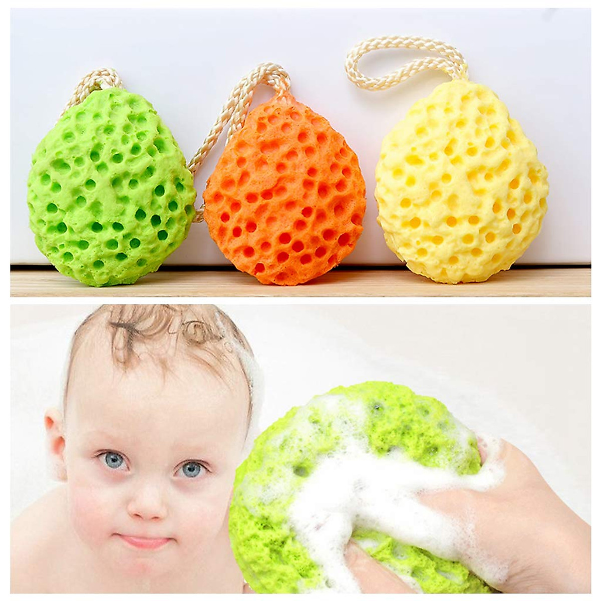3 Pack Natural Bath Sponges, Loofah Shower Sponge Body Scrubber Exfoliating Cleaning Body Sponge for Men Women Kids