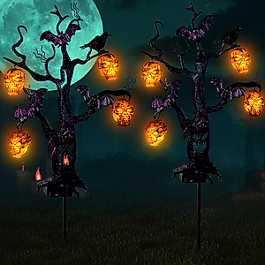 Halloween Solar Light Outdoor Decorations Waterproof 2Pack,Scary Iron Art Pathway Lights Metal Yard Garden Stake Lights Outdoor Lawn Yard Porch Ornaments Bat Skull Tree Party Decor