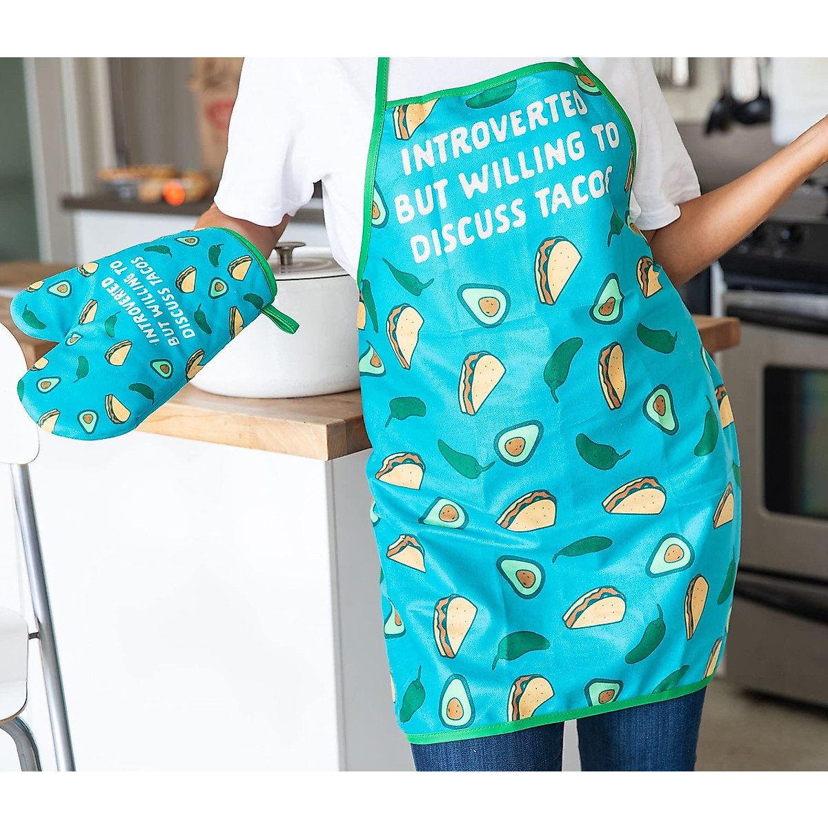 Introverted But Willing To Discuss Tacos Funny Cinco De Mayo Graphic Kitchen Accessories Funny Graphic Kitchenwear Funny Food Novelty Cookware Blue Oven Mitt
