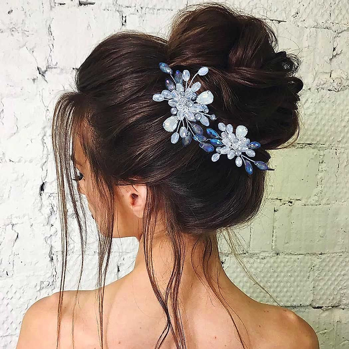 YBSHIN Bride Wedding Blue Hair Pins Silver Crystal Hair Clips Rhinestone Bridal Headpieces Beaded Hair Accessories for Women and Girls (Pack of 2)