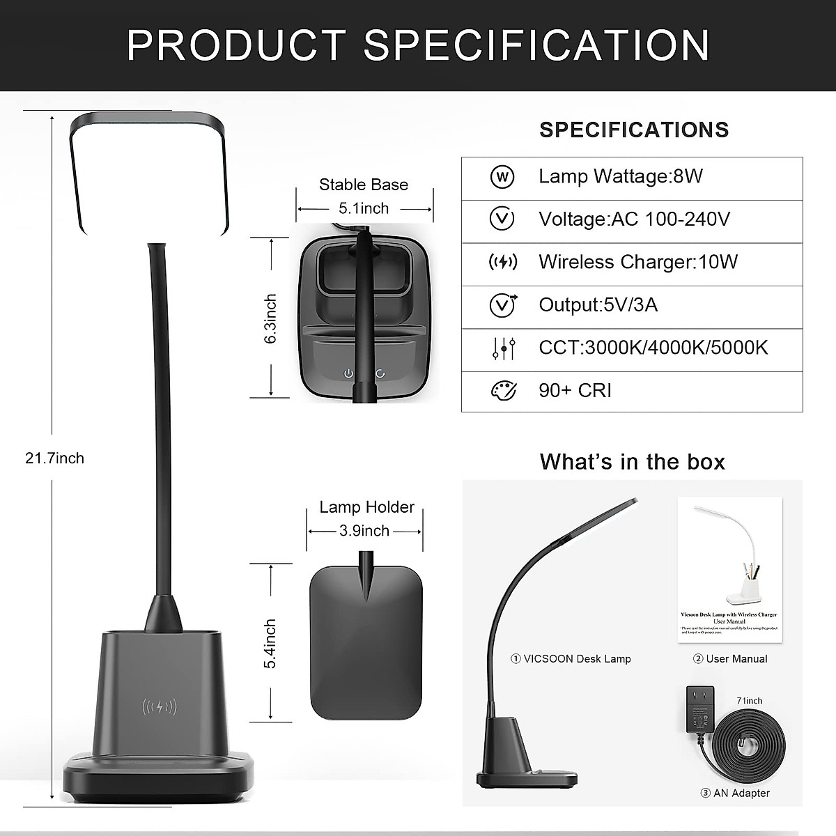 Vicsoon Desk Lamp with Wireless Charger, LED Desk Lamps for Home Office, 800 Lumens, Small Desk Lamp with Pen Holder, Flexible Arm, 3 Modes, Dimming, Touch Lamp for College Dorm Room, with Adapter