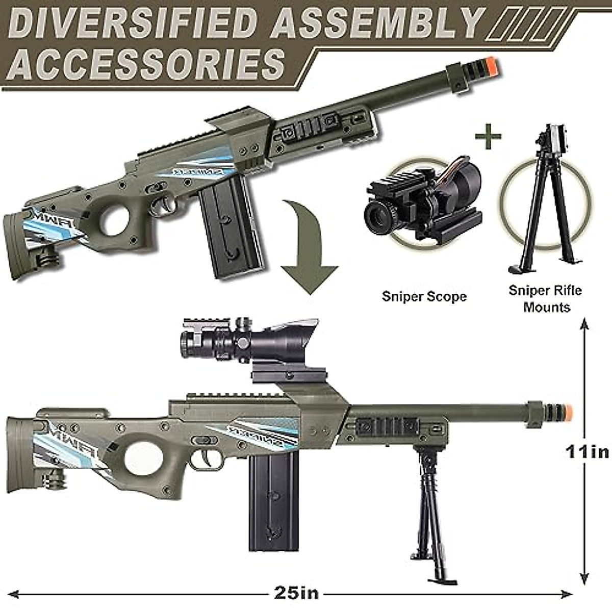 Automatic Sniper Rifle Toy Gun with Scope for Soft Guns Darts with 2 Magazines, Foam Blaster with 100 EVA Soft Bullets, Realistic Electric Machine Gun for Boy 8-12 Age, Birthday Gift for Kid and Adult