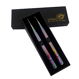 Eyelash Extension Tweezers Fiber Tip (Anti – Slip) Set of 2 pieces straight & curved with Diamond Grip, Rainbow Colour,14cm, volume Tweezers, Lash Extension Precision tweezers. (Multi)