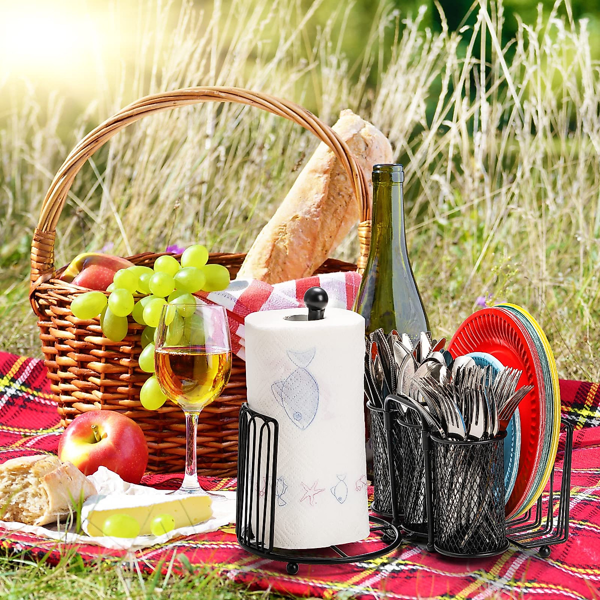 Elsjoy Metal Utensil Caddy with Paper Towel Holder, Picnic Caddy Silverware Organizer, Flatware Caddy Buffet Storage Caddy for Plates, Cutlery, Pull-Out Handle