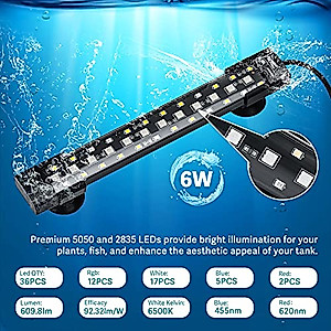 hygger 24/7 Mode Submersible Aquarium LED Light, Full Spectrum Hidden Fish Tank Light with 3 Rows Beads 7 Colors Auto On Off Sunrise-Daylight-Moonlight, Adjustable Timer Brightness 6W