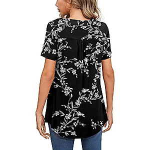 Netsmile Women's Summer Casual Short Sleeve Tunic Tops V-Neck Button Loose Blouse T-Shirts for Leggings, XL, White Carvings Black