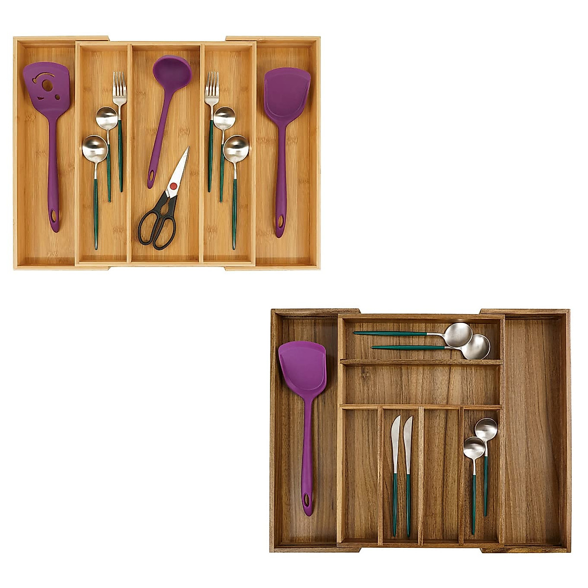 Utoplike Bamboo Expandable Kitchen Drawer Organizer and Acacia Expandable Cutlery Drawer Organizer
