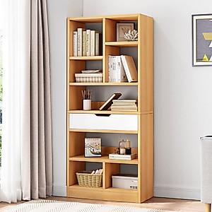 IOTXY Wooden Open Shelf Bookcase - 61 Inches Height Freestanding Display Storage Cabinet Organizer with 8 Cubes and a Drawer, Floor Standing Bookshelf in Maple Yellow