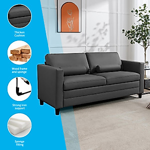 Mjkone Faux Leather Pull Out Sofa Bed, Queen Size Convertible Sleeper Sofa, 2-in-1 Modern Loveseat Couch Bed with Memory Form Mattress for Living Room, Office and Apartment, Grey