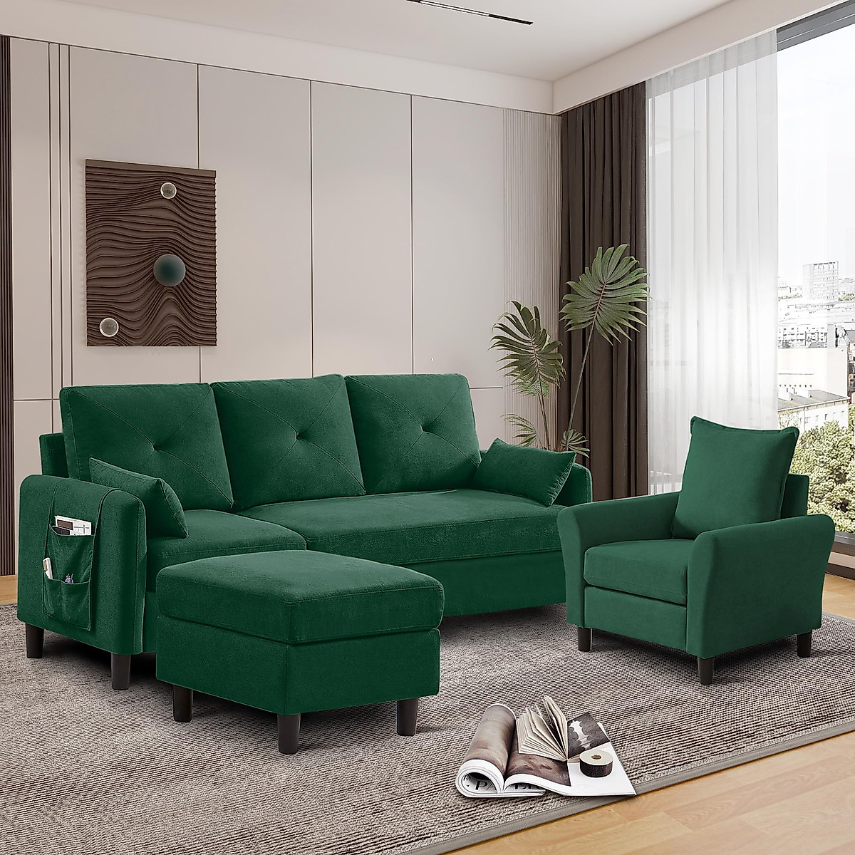 Tornama Sectional Sofa Set 77" Convertible Sofa and Accent Chair Small 3 Seat L Shaped Couch with Reversible Ottoman and Side Pockets, Modern Linen Sofa Couch for Living Room, Office, Apartment, Green
