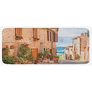 Ambesonne Mediterranean Kitchen Mat, Medieval Old Town in Tuscany Mediterranean Historic Culture Village Town Stone Photo, Plush Decorative Kitchen Mat with Non Slip Backing, 47" X 19", Tan