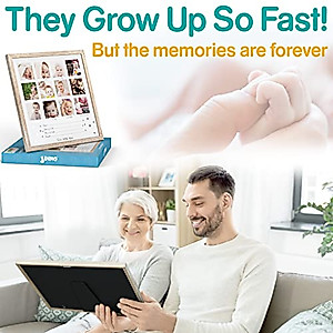 1Dino My First Year Baby Keepsake Picture Frame - 13.2"x 13.2" Rustic Wood Baby Frame Hold 12 Months Photo Inserts - Newborn Baby Registry, Shower Gift for Boys and Girls, Wall or Desk Nursery Decor