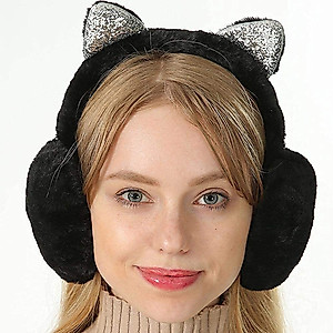 RONGXG Cute Sequin Cat Ear Earmuff Girls Plush Warm Ear Muff Soft Furry Outdoor Winter Ear Warmer Anti-Cold Ear Protector Earflap, Black, One Size