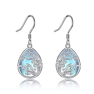 Butterfly Earrings Sterling Silver Moonstone Filigree Teardrop Dangle Earrings Butterfly Jewelry Gifts for Women