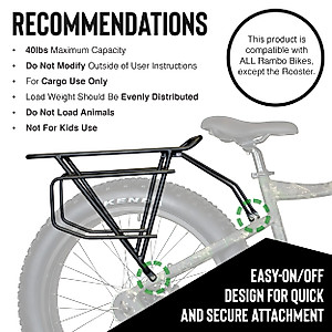 Rambo Bikes Aluminum Bike Rack - Heavy-Duty, Extra-Large Rear Bike Rack for Fat Tire Bikes - 40lbs Maximum Capacity, Lightweight 6061 Aluminum Alloy Frame - Easy to Install on Electric Bikes