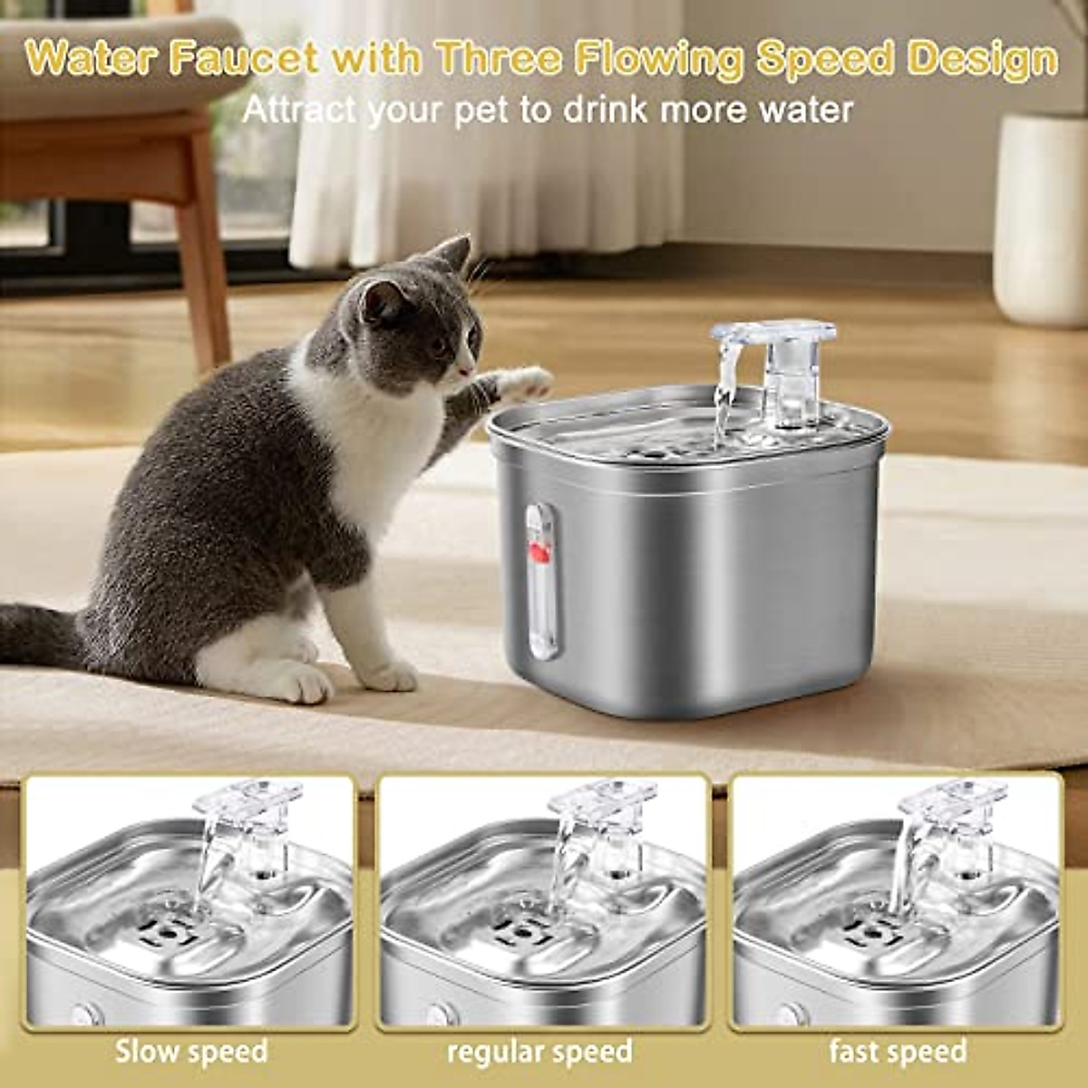 JCHOPE Cat Water Fountain Stainless Steel, 74oz/2.2L Automatic Circulating Pet Water Fountain with Faucet Design & 3 Flow Speeds, Ultra Quiet Cat Fountain Water Bowl with Triple Filter for Cats Dogs