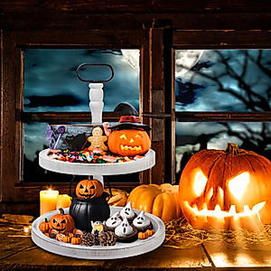 Rustic Tiered Serving Tray, Farmhouse Decorative Wooden Two Tiered Trays, Wooden 2 Tier Tray Stand for Table Kitchen Coffee Macaron Plate Cakes Dessert Fruit(Stand+Beeds)