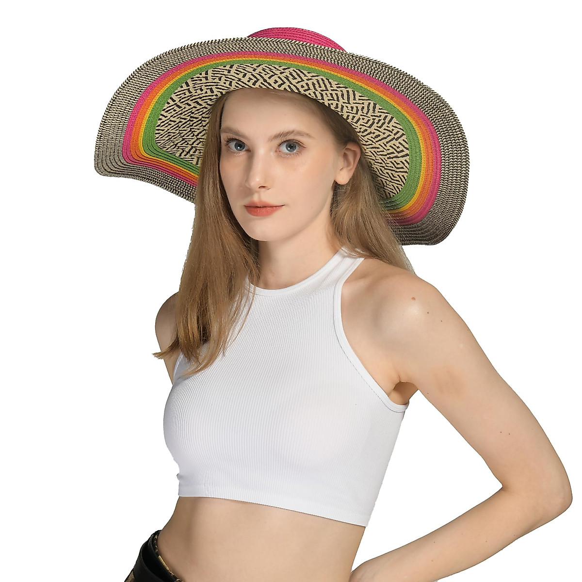 Harikery Womens Sun Straw hat UPF 50+ Wide Brim Summer Beach hat Colorful roll up Floppy Sun hat for Women