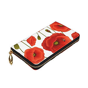 Long Handbag Purse Wristlet Bag Card Holder Wallet-Red Poppy Flower Ladybug Leather Wallet For Women Men