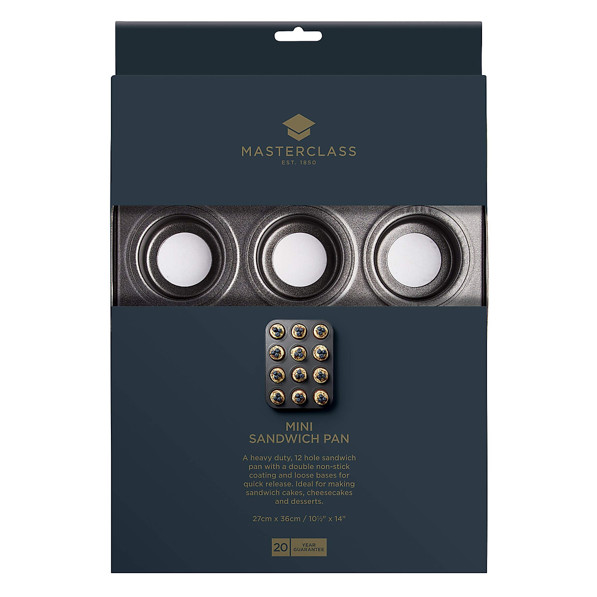 MasterClass KCMCHB96 12 Hole Mini Sandwich Tin with Loose Bases and PFOA Non Stick in Gift Box, Robust 1 mm Carbon Steel, 27 x 36 cm, Grey