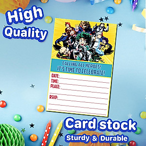20x My Hero Academy Birthday Invitations and Envelopes – Fill-in Happy Birthday Party Invitations for Kids, 6X4 Inches, Postcard Style