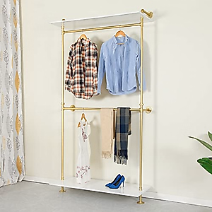 Ethemiable 2-Tier Industrial Metal Pipe Double Hanging Rods Clothing Store Display Stands, Entrance Porch Hanging Garment Rack,Wall Shelf Storage Clothes Shoe Bag (Gold, Only One Shelf 47.2" L)