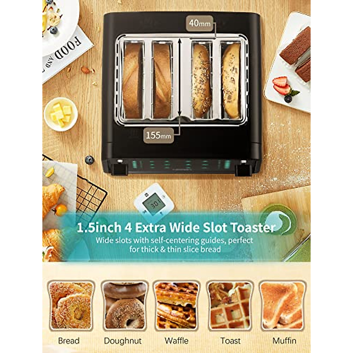 Gevi Toaster 4 Slice,Led Display Touchscreen Bagel Toaster with Dual Control Panels of Bagel/Reheat/Defrost/Cancel/Toasting One Slice/Longer Function,6 Shade Setting