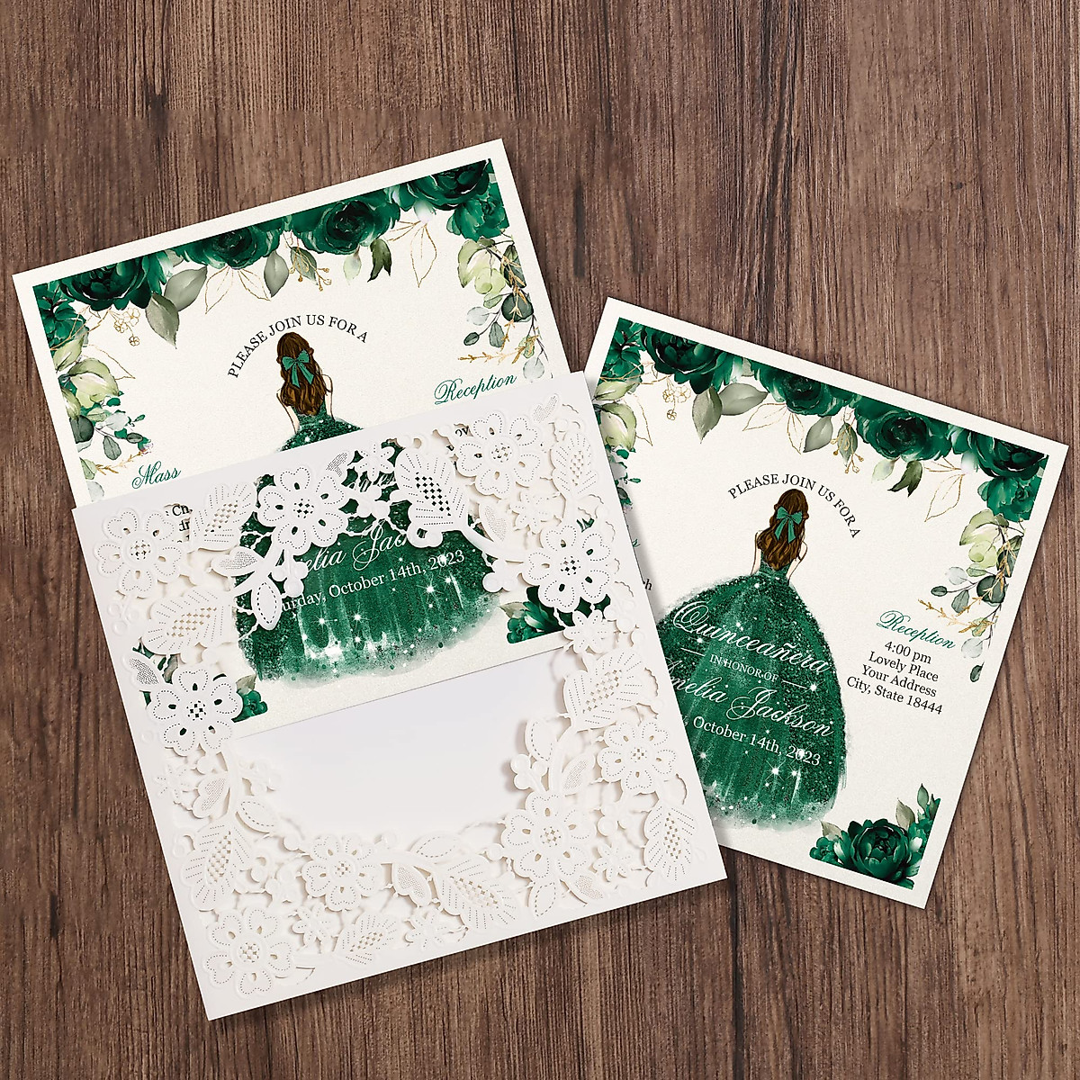 FANEYA 50Pcs Customized Quinceanera Invitation Emerald Green, Elegant 15 years Invitations Sweet 16, Miss XV, Birthday Laser Cut Quince Invitation Cards White Personalized