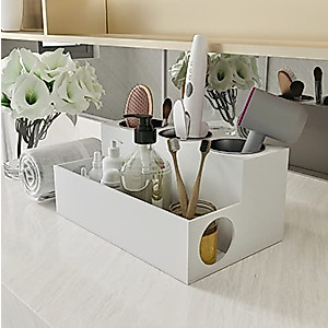 PecMuikee Hair Tool Organizer, Acrylic Hair Tool Caddy Countertop Blow Dryer Stand Storage with 3 Cups for Bathroom, Bedroom, Office, White
