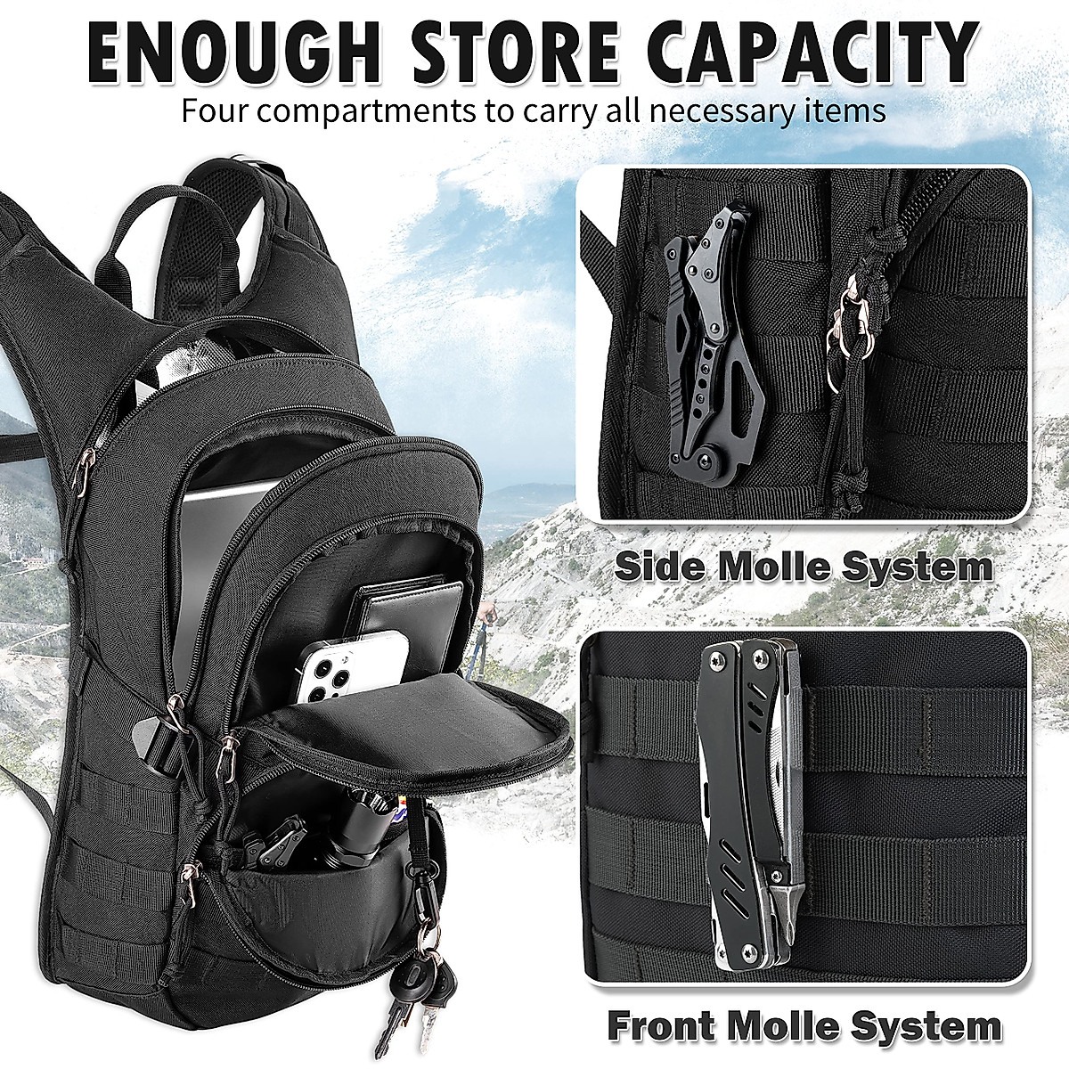 MIRACOL Tactical Hydration Backpack with 2L Water Bladder, 900D Military Molle Water Backpack Fit Men Women