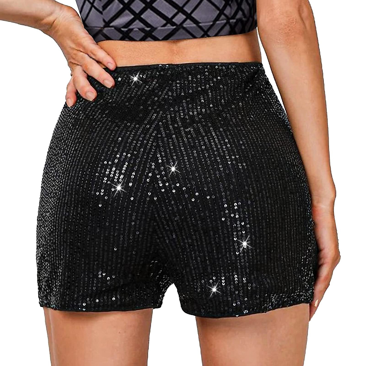 Sequin Shorts for Women High Waist Elastic Sparkly Straight Leg Short Glitter Sparkle Hot Pants Solid Party Black