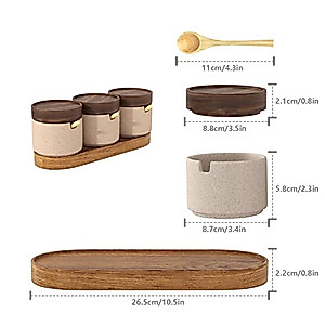 ISABETTA 3 Pcs Sugar Bowls Ceramic Condiment Pots，Ceramic spice jar，Ceramic Seasoning Jar with Wooden Lid Spoon and Tray for Home and Kitchen