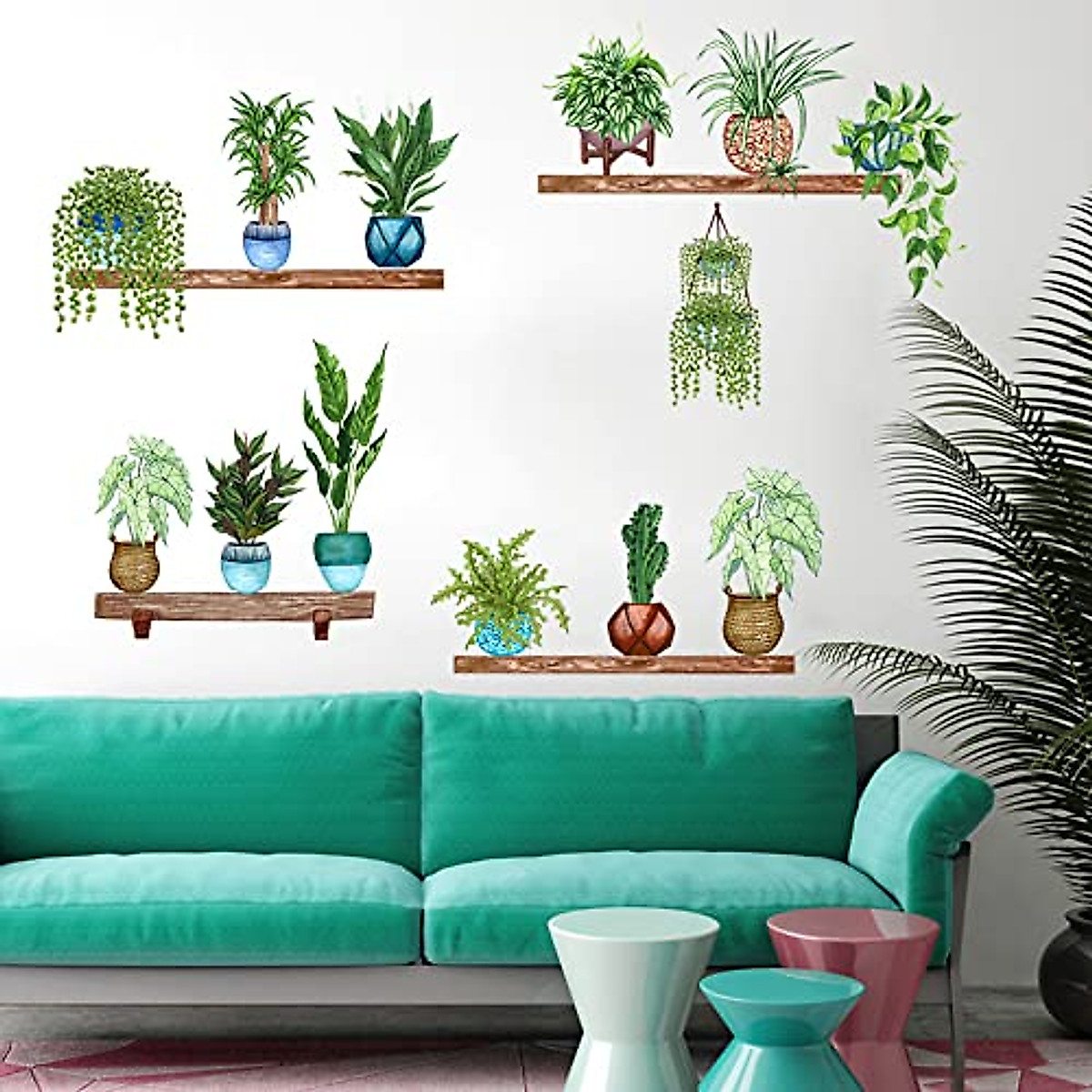 Tropical Plants Wall Stickers Green Potted Plant Wall Decals Removable DIY Art Murals for Family Living Room Background Wall Decoration Kids Bedroom Kitchen Office Girl Room Wallpaper