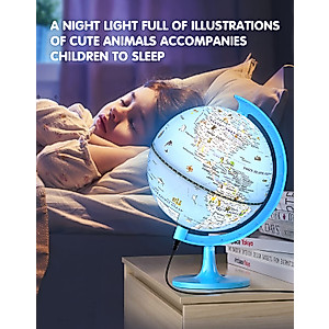 JOWHOL 8'' Illuminated Globe for Children with 100s Interesting Animal Illustrations - Built-in LED Night Light, World Globe for Kids Learning and Educational Toys Gifts for Boys & Girls, Ages 4+
